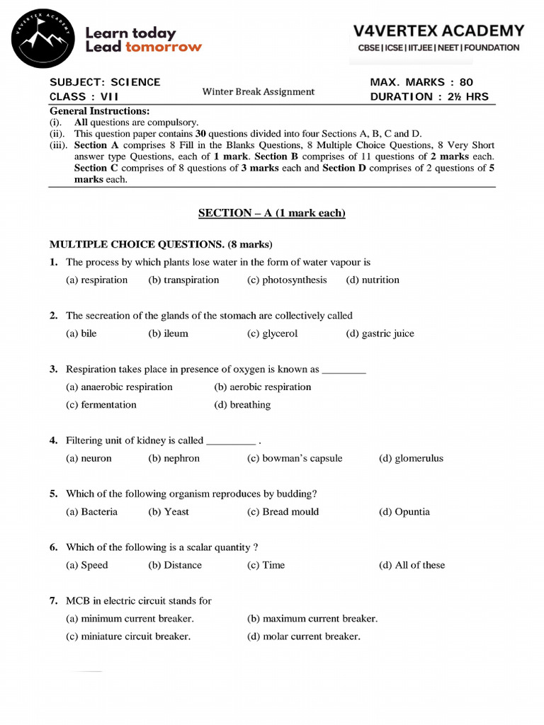 7 Science Winter Break Assignment | PDF