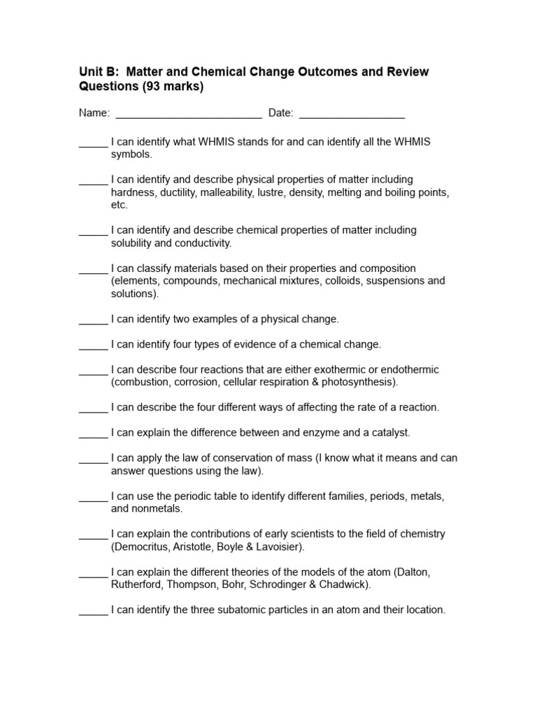 Science in Action 9 UNIT B Matter & Chemical Change WORKBOOK Review ...