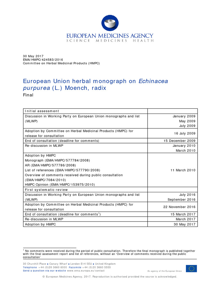 Final European Union Herbal Monograph Onechinacea Purpurea L Moench ...