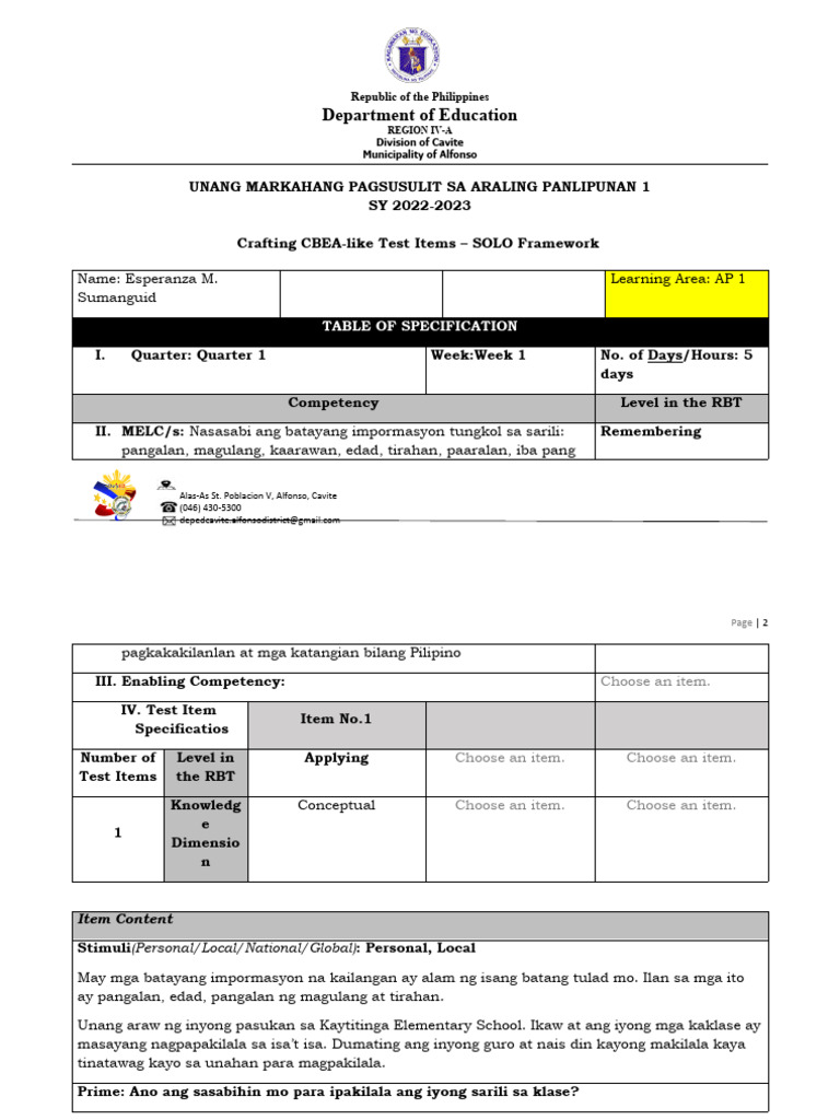 SOLO and CBEA FRAMEWORK Assessment in AP 1 | PDF