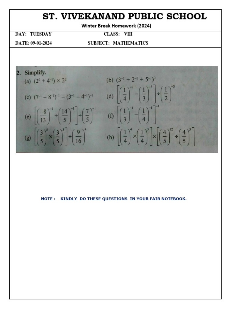 Class VIII Math Winter Homework 2024 | PDF