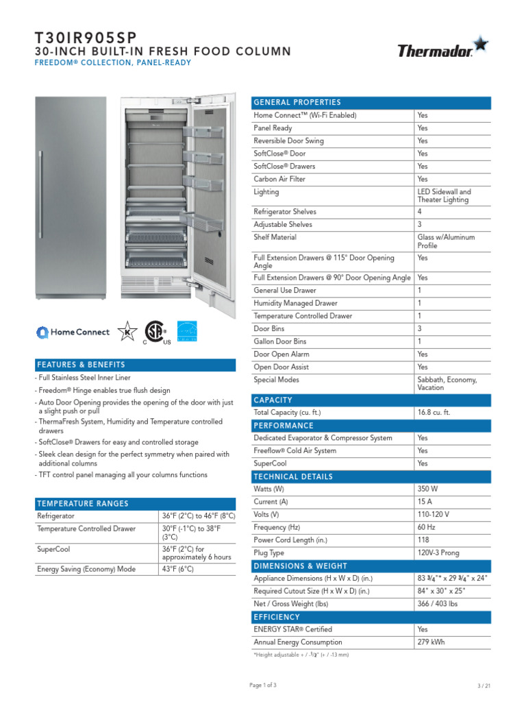 REFRIGERADOR Thermador T30IR905SP | PDF | Manufactured Goods | Building ...