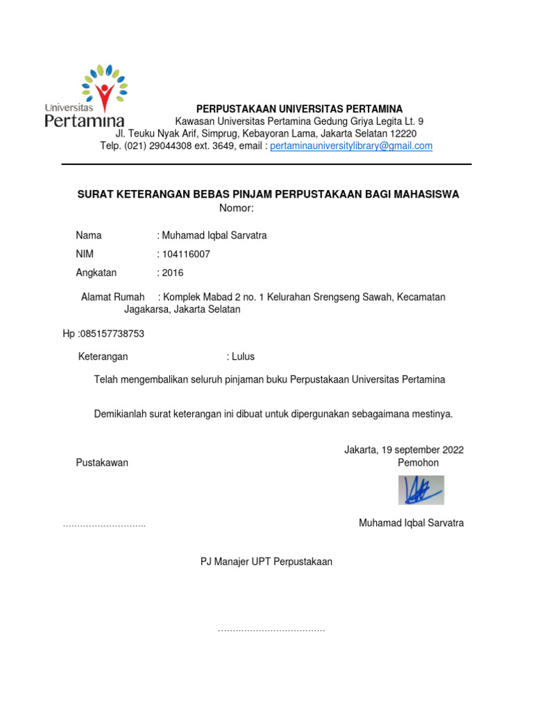 Surat Keterangan Bebas Pinjam Perpustakaan Bagi Mahasiswa | PDF