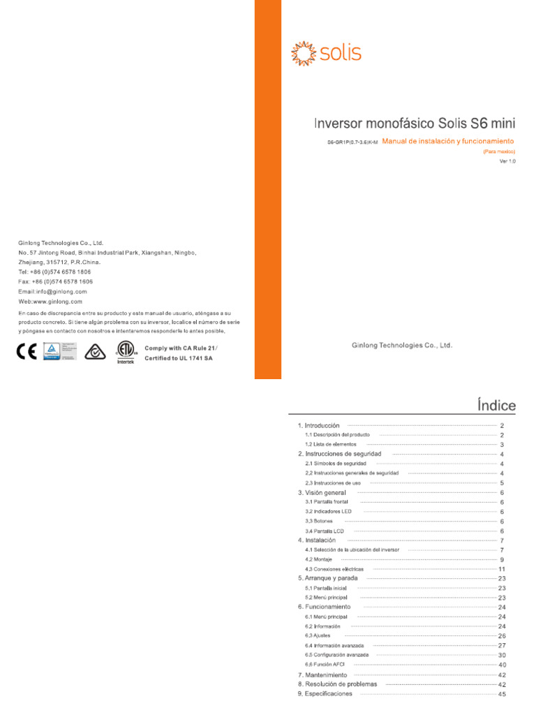 Solis Manual s6-Gr1p (0,7-3,6) K-M FN Mex Esp v1,0 | PDF