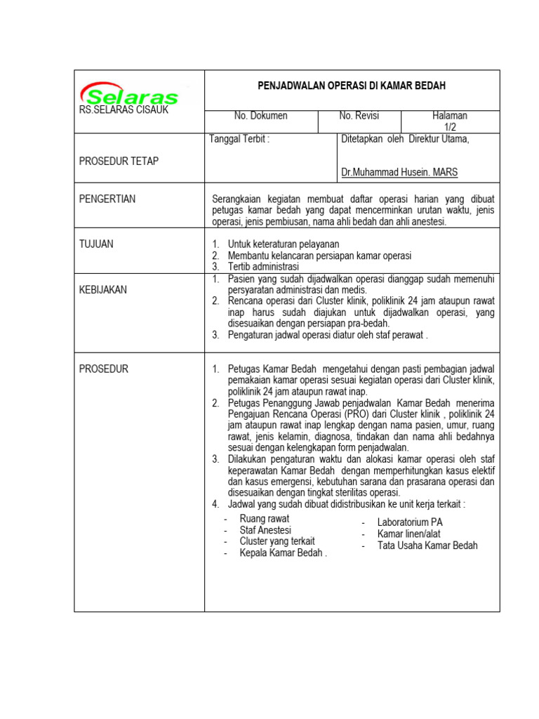 Sop Jadwal Operasi | PDF