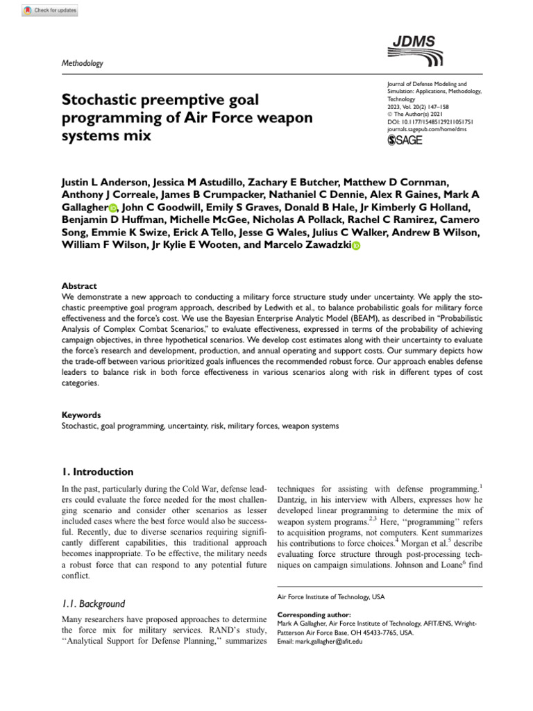Anderson Et Al 2021 Stochastic Preemptive Goal Programming of Air Force ...