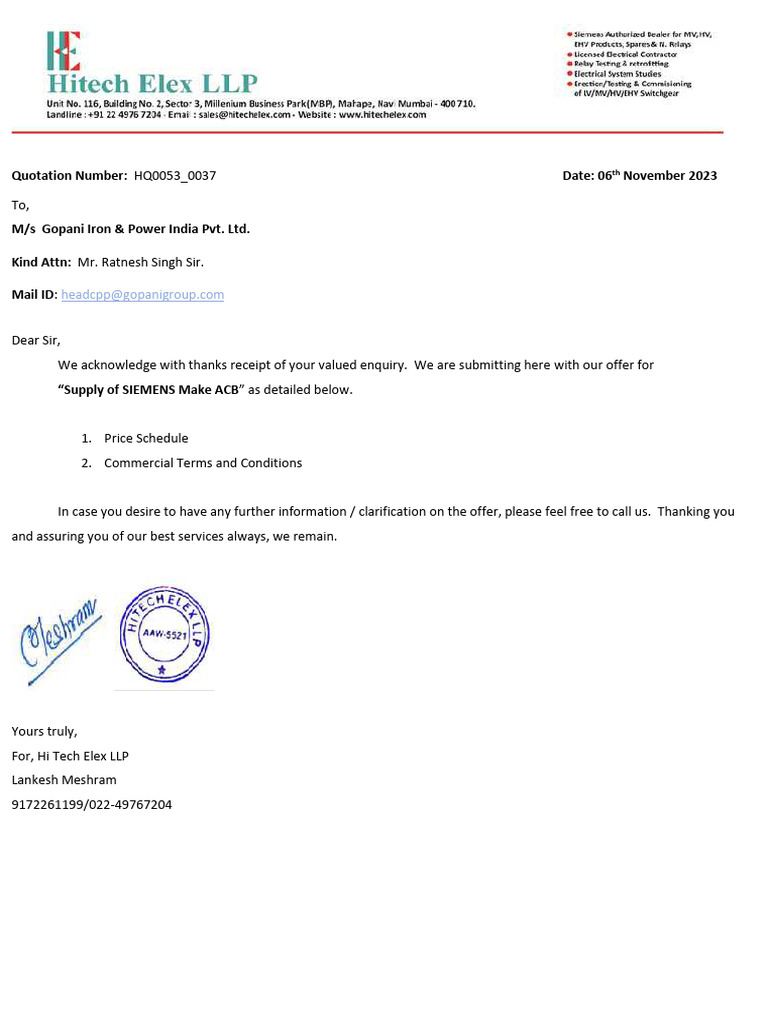 Siemens ACB Supply Quotation HQ0053_0037 | PDF