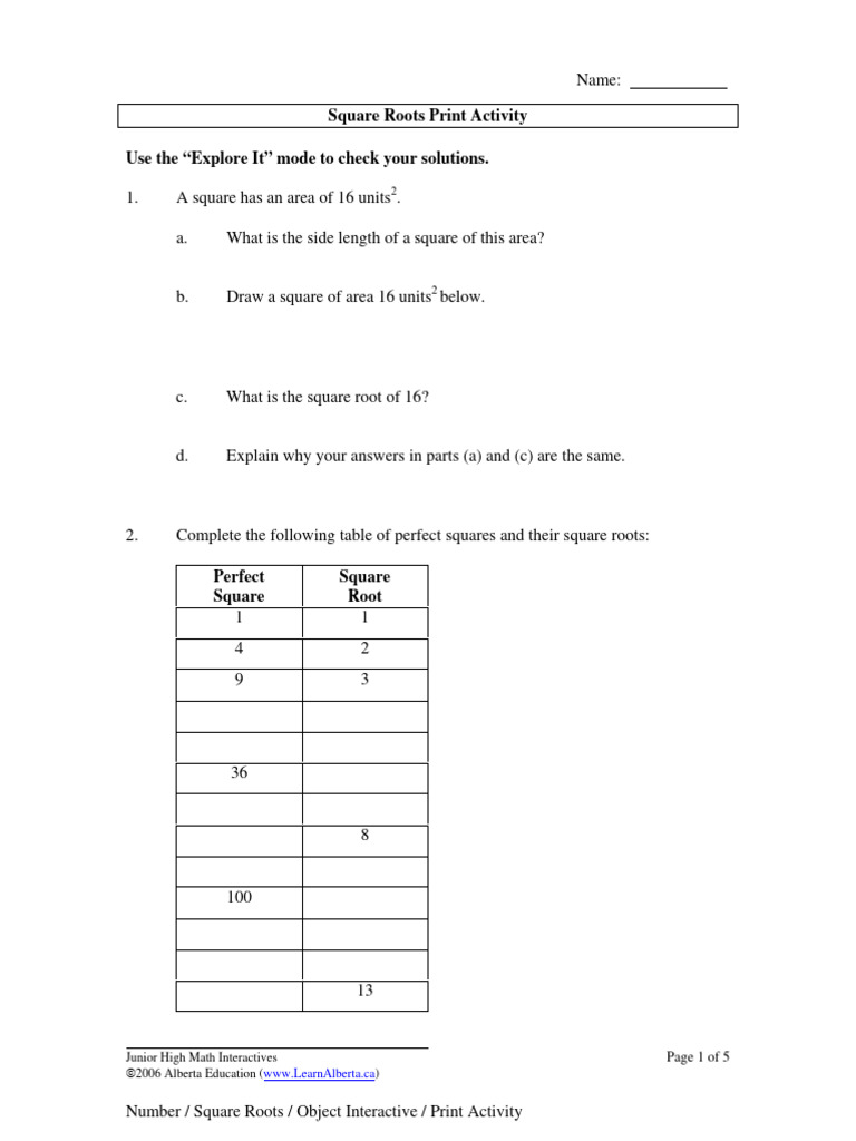 Square Roots Print Activity | PDF | Square Root | Mathematics