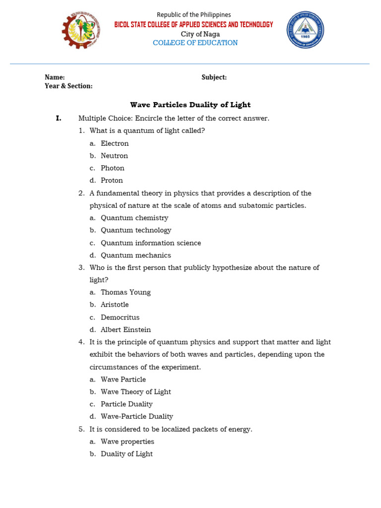 Wave-Particle Duality of Light Quiz | PDF
