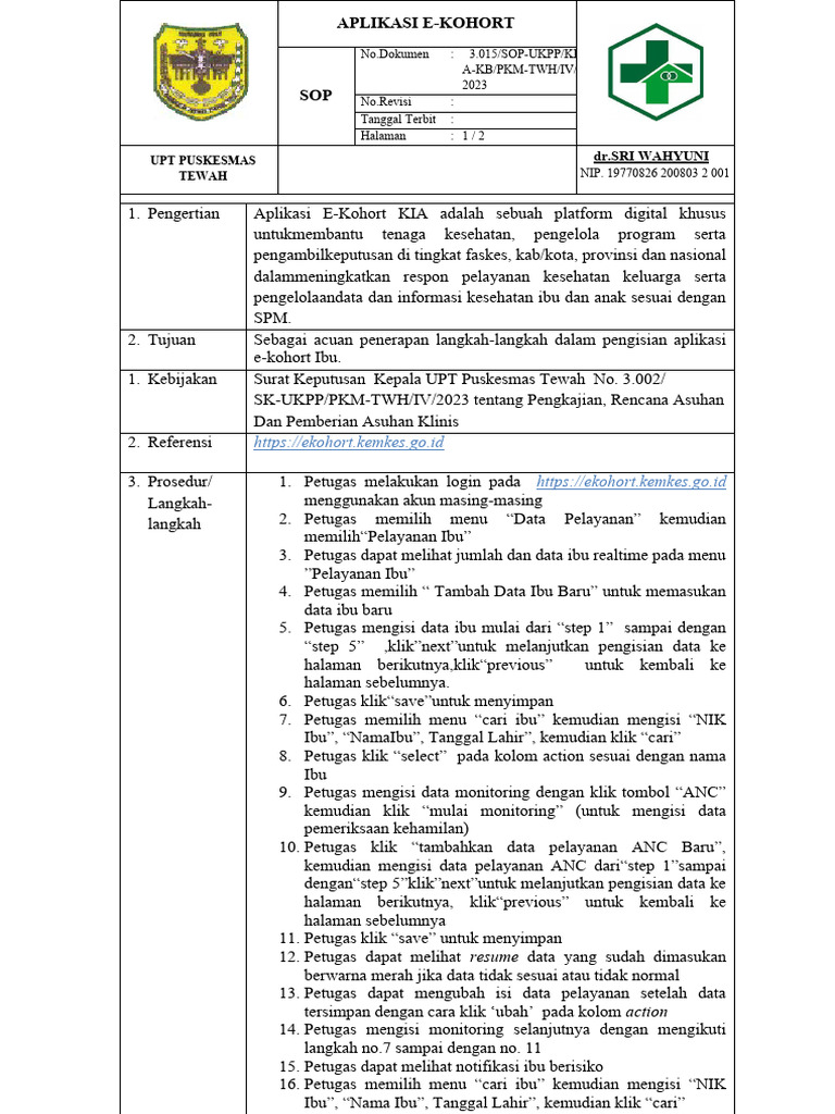Sop Aplikasi E-Kohort | PDF