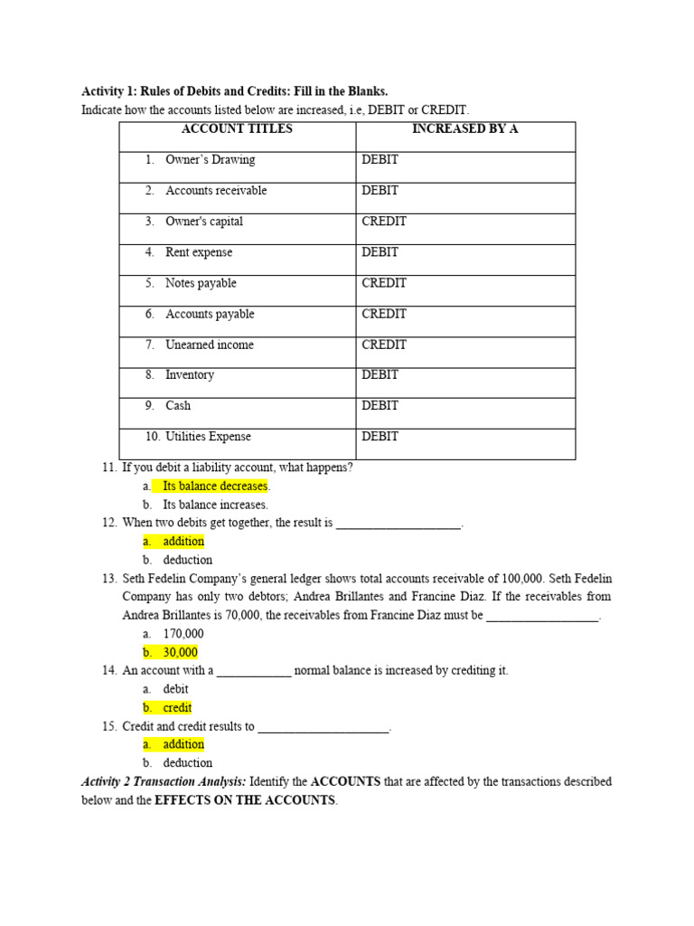 Debit and Credit Rules Activity | PDF
