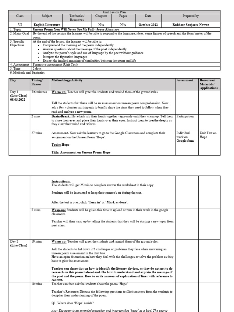 Class VI Eng Lit Unseen Poem - Hope ULP 2022 | PDF | Poetry | Reading ...