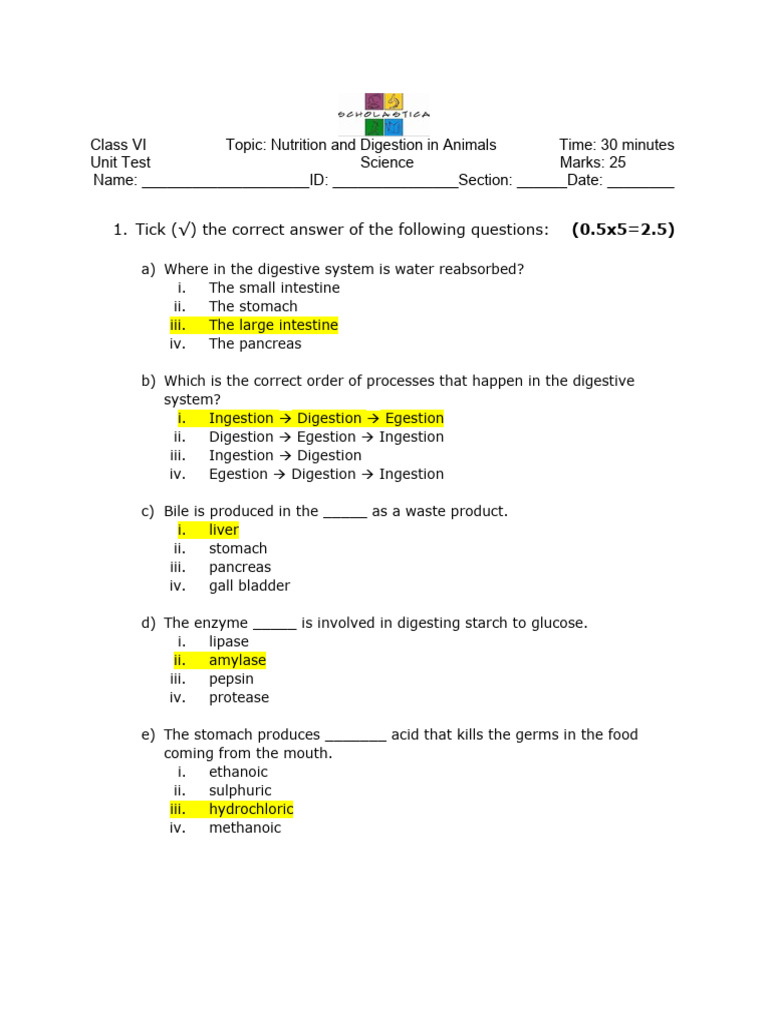 Nutrition and Digestion Unit Test Paper | PDF