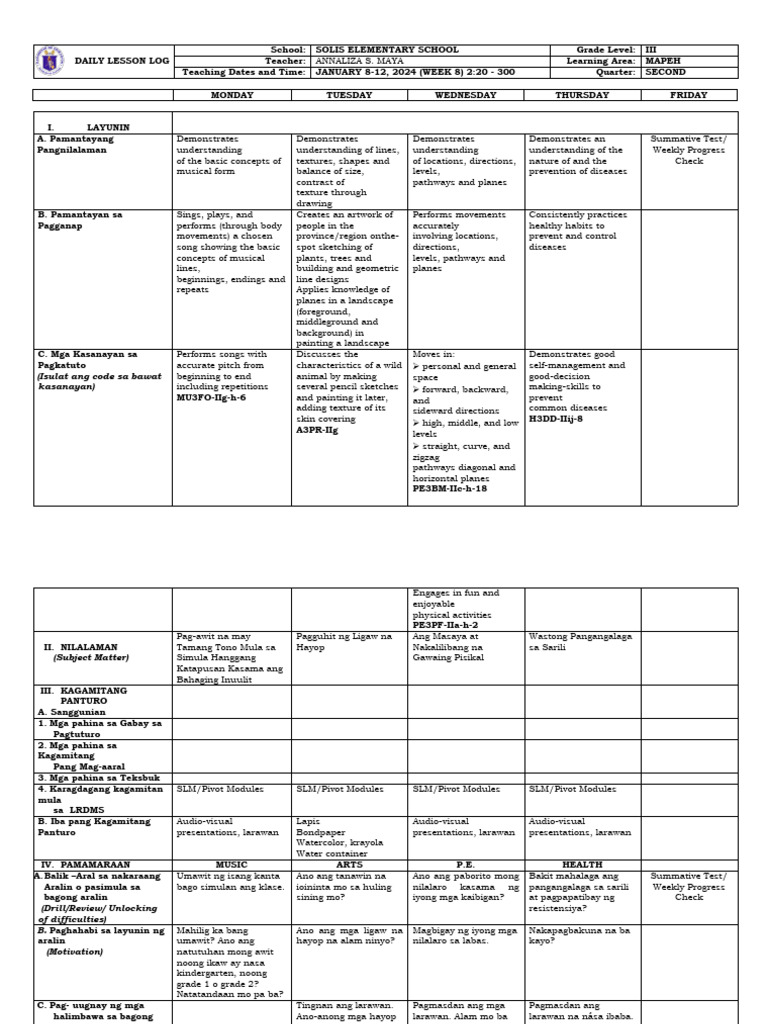 DLL - Mapeh 3 - Q2 - W8 | PDF