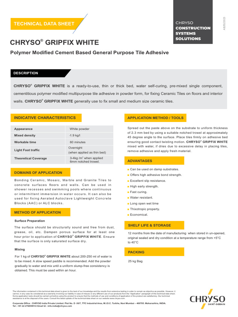 Chryso Gripfix White | PDF | Concrete | Adhesive