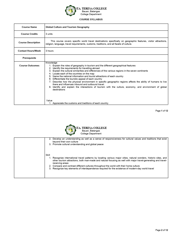 Syllabus in Global Culture and Tourism Geography 1 | PDF