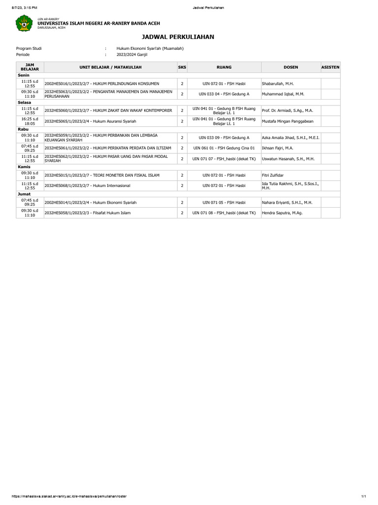 Roster Jadwal Perkuliahan | PDF