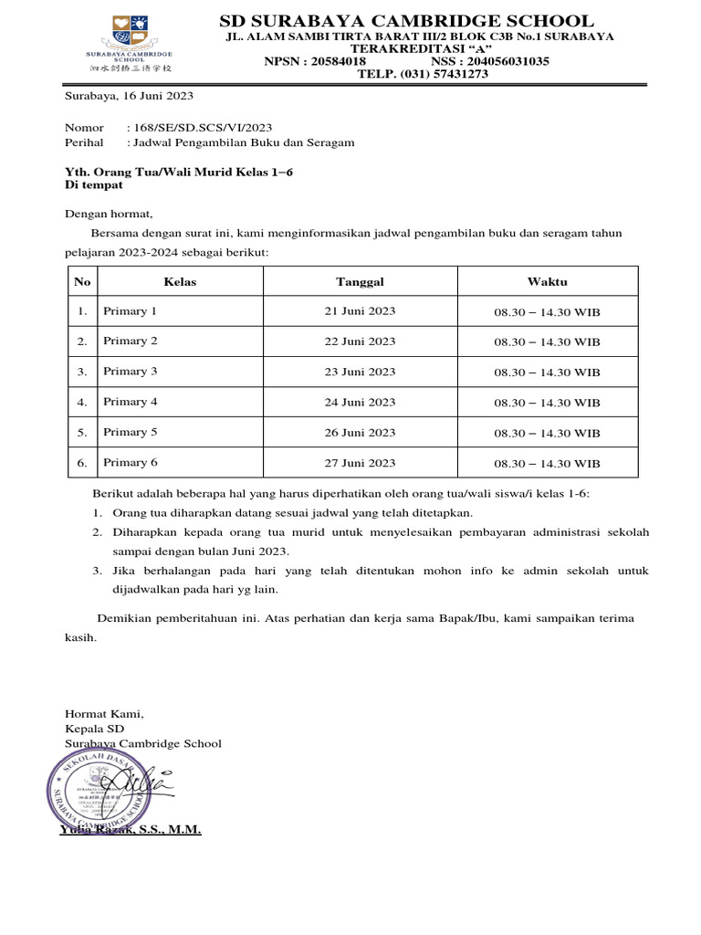 Surat Jadwal Pengambilan Buku Dan Seragam | PDF