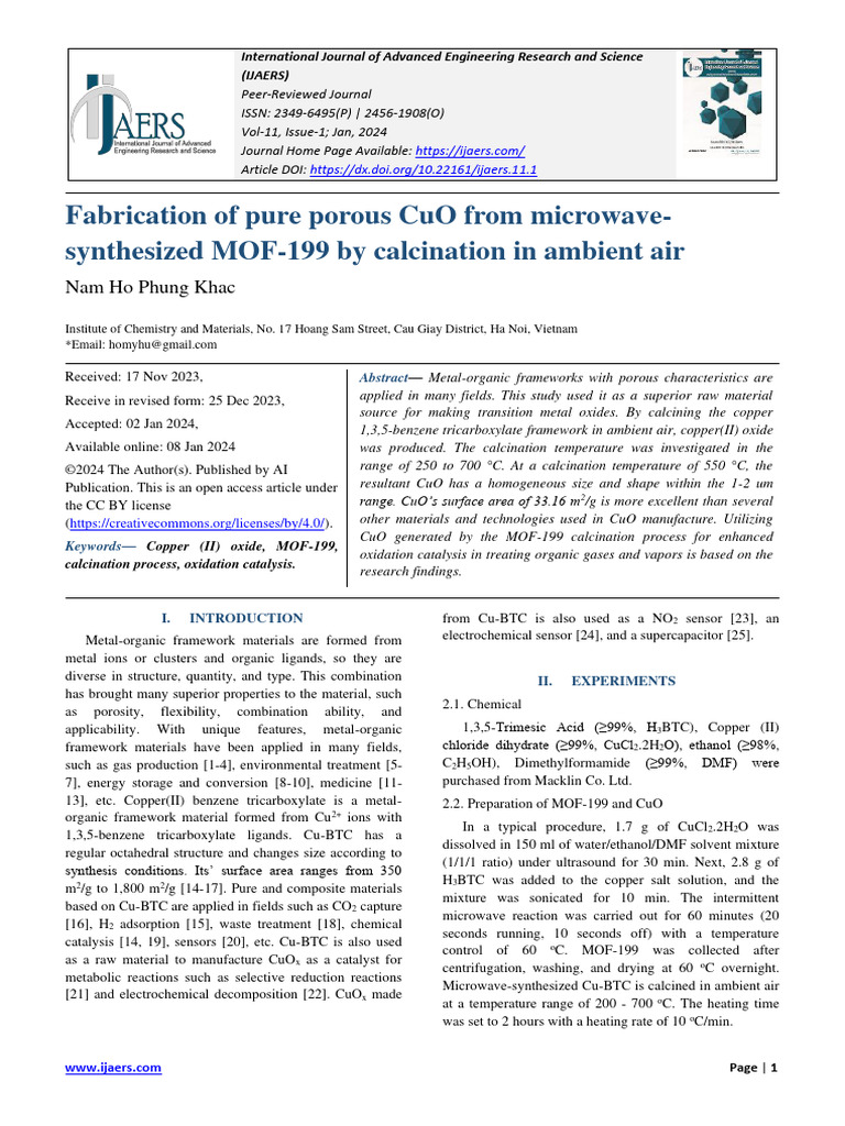 Fabrication of Pure Porous CuO From Microwave-Synthesized MOF-199 by ...