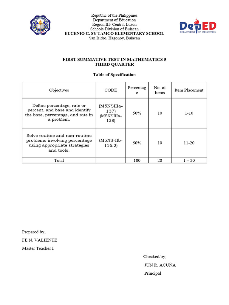 1st-Summative-Test-MATH5-Q3 (1) | PDF | Percentage | Mathematics