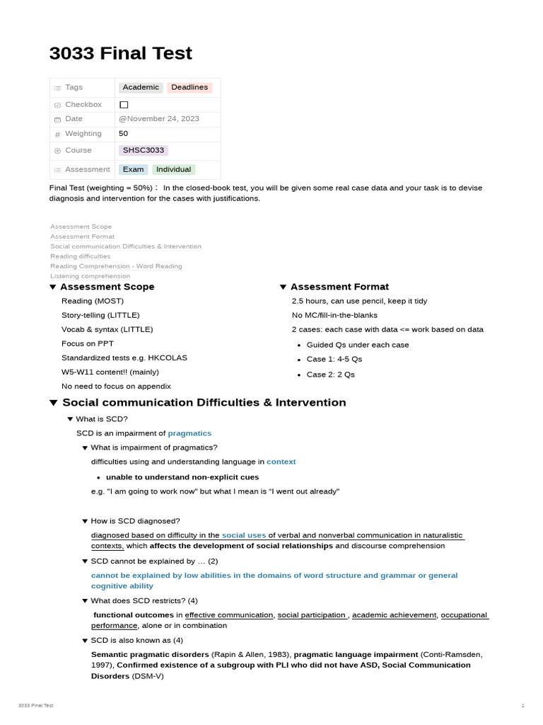3033 Final Test | PDF | Dyslexia | Reading Comprehension