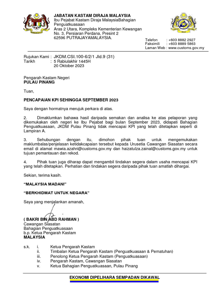 31 Surat Edaran SEPT23 - Pencapaian Di Bawah KPI_Penang | PDF