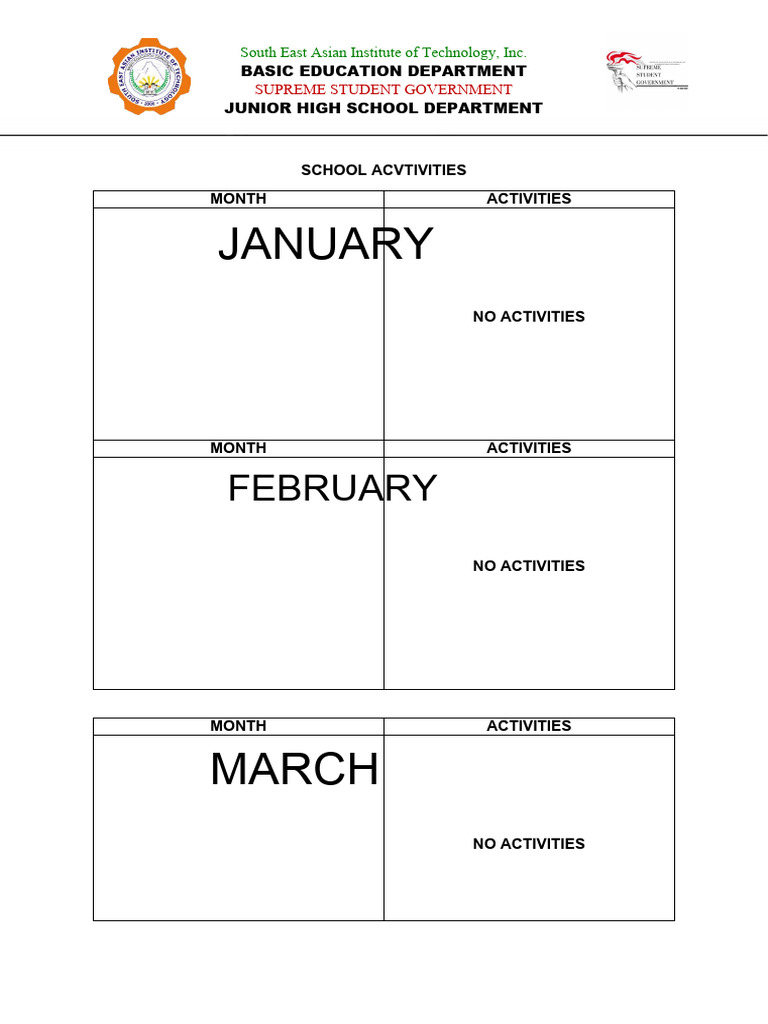 Junior High School Activities Calendar | PDF