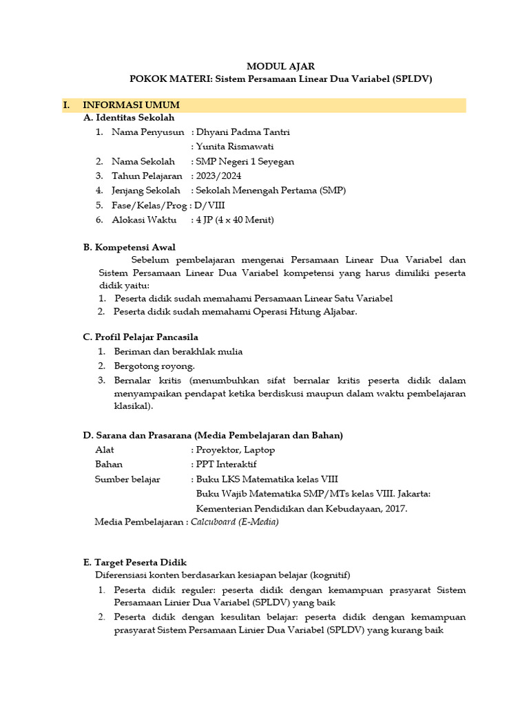 Modul Ajar SPLDV Fixs | PDF | Karier & Perkembangan