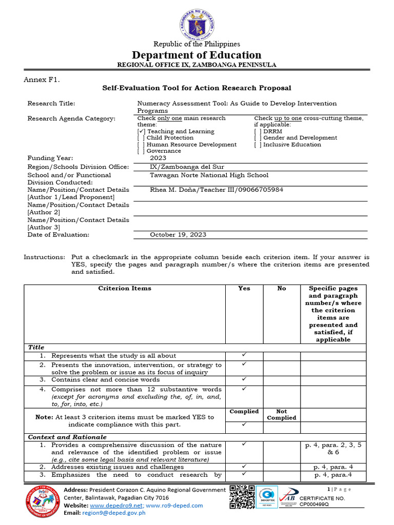 Self Evaluation Tool AR Proposal | PDF