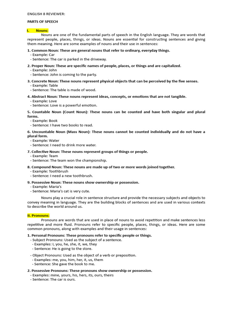 English 8 Reviewer - Parts of Speech - 102523 | PDF | Adverb | Adjective