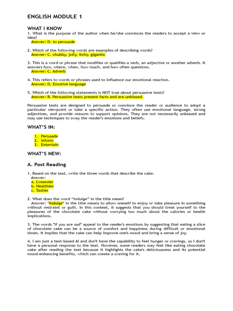 ENGLISH MODULE 5 Answers | PDF | Verb | Adverb