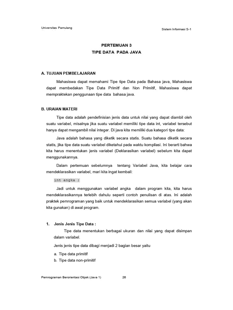 KK1108 - Pertemuan Ke-3 - Tipe Data Pada Java | PDF