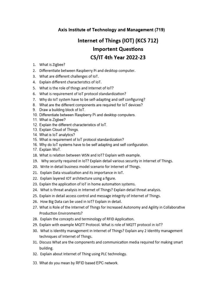 IOT KCS 712 Question Bank | PDF