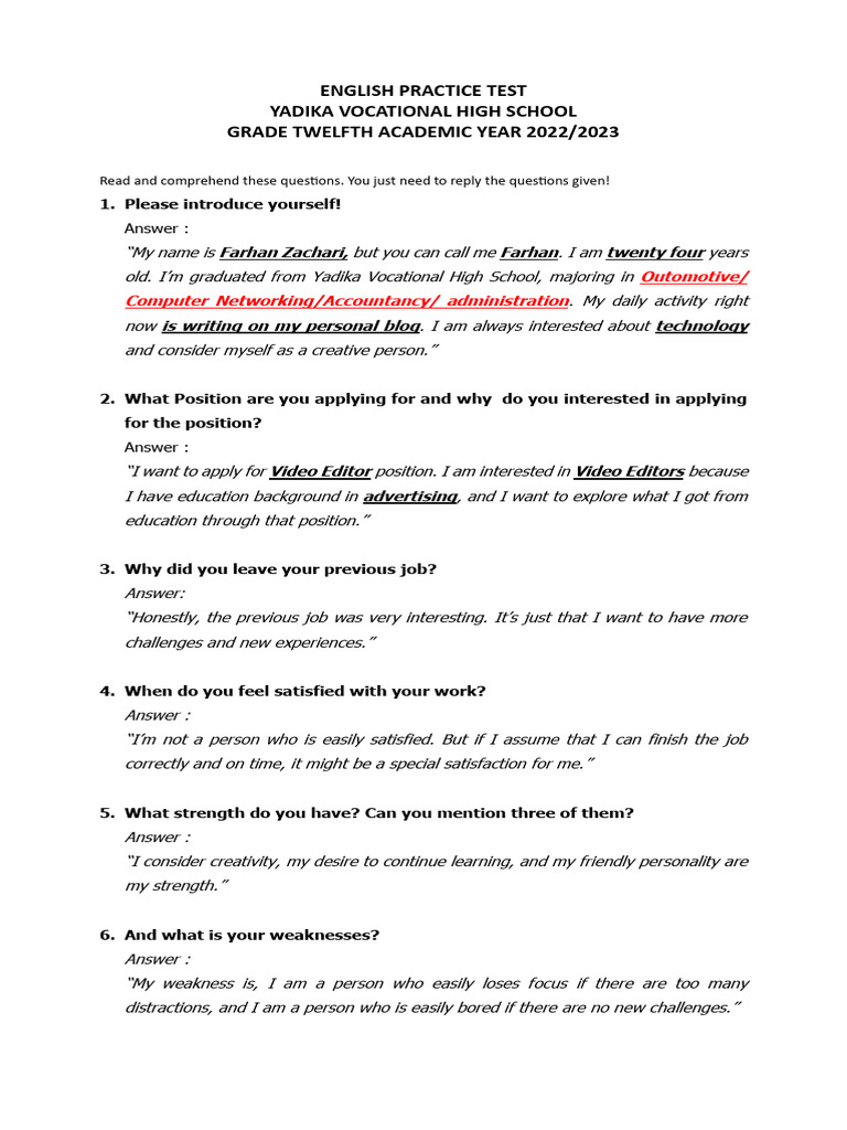 Ujian Praktek Bahasa Inggris Kelas Xii 2223 | PDF