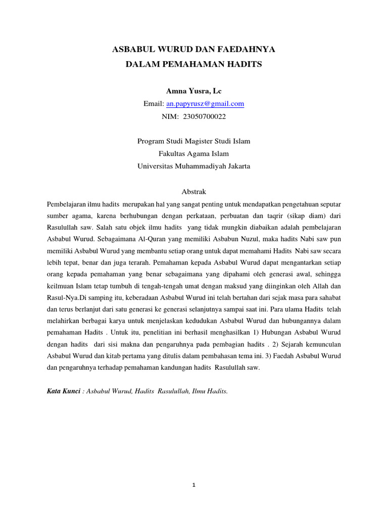 Makalah Jurnal Studi As-Sunnah (UTS - Amna Yusra) | PDF