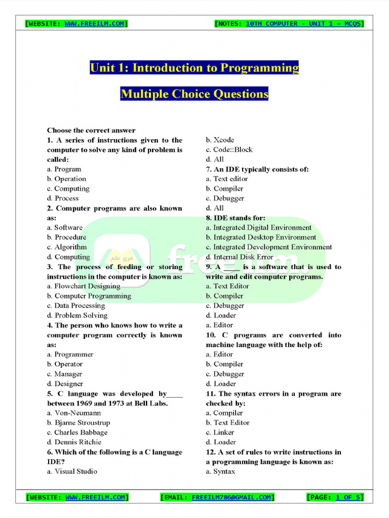 10th Comp CH 1 MCQ's | PDF