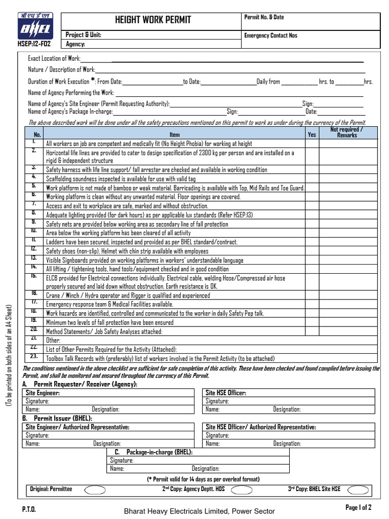 Height Work Safety Checklist | PDF | Occupational Safety And Health ...