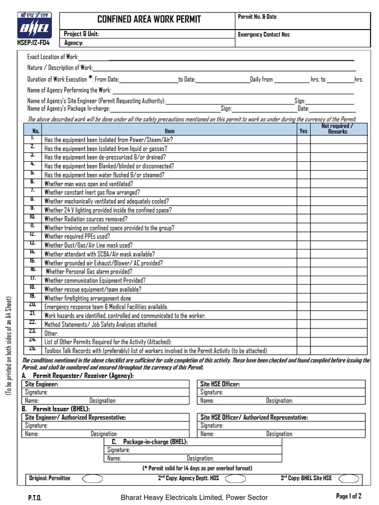 HSEP12F04 - Confined Area Work Permit | PDF