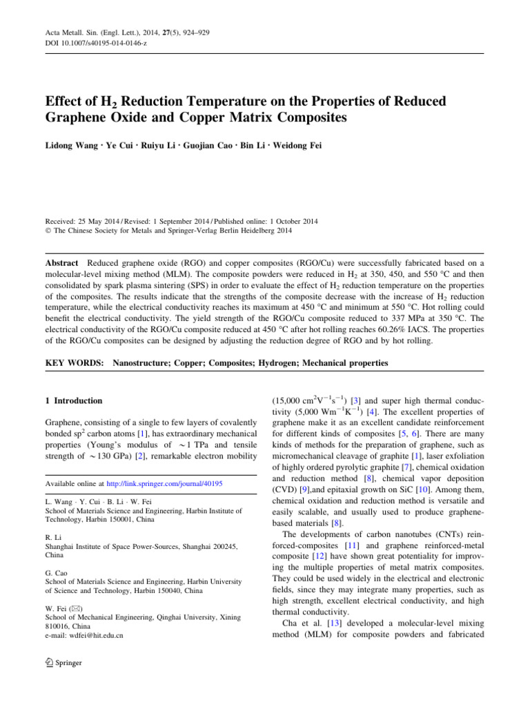 H2 Reduction Temperature Effects on RGO/Cu | PDF