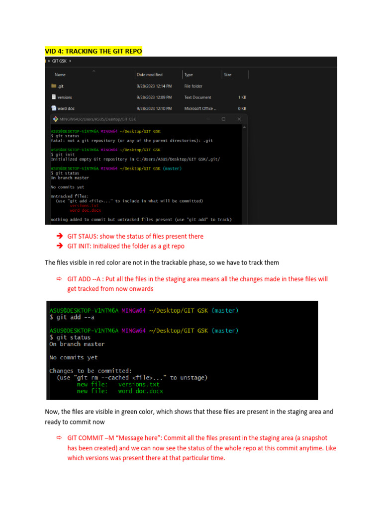 Vid 4: Tracking The Git Repo: The Files Visible in Red Color Are Not in The Trackable Phase, So ...