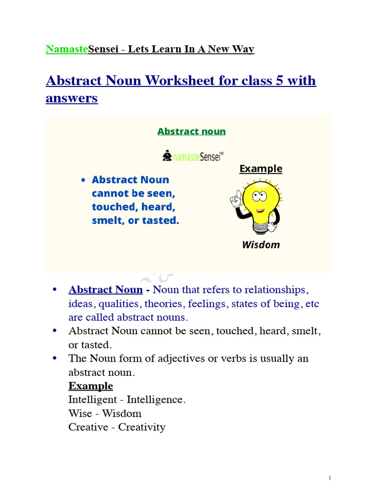 Abstract Noun Worksheet For Class 5 With Answers | PDF | Noun | Adjective