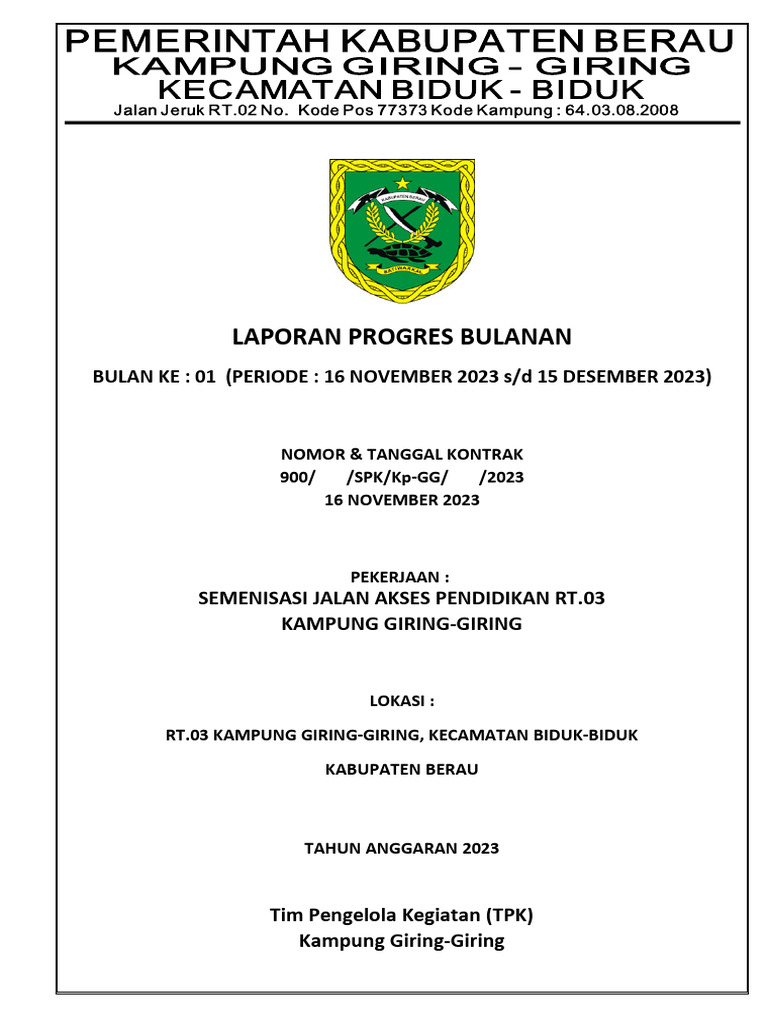Laporan Progres Jalan SD 001 | PDF