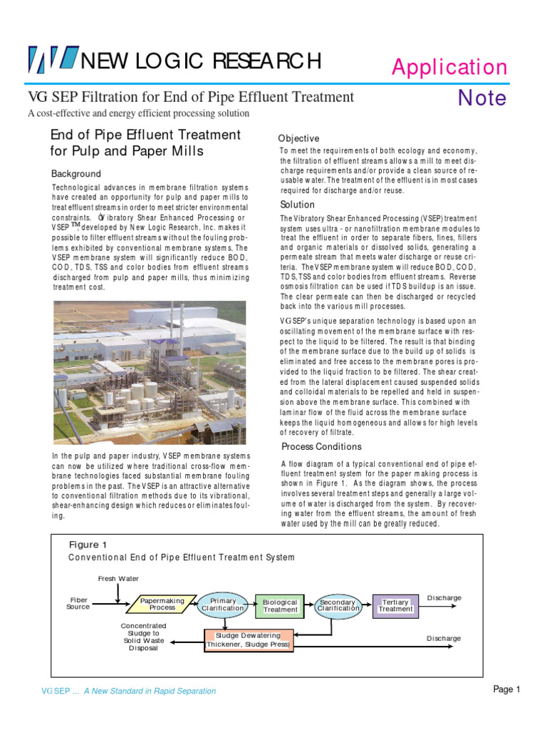 VSEP Technology for Pulp Mill Effluent | PDF | Membrane | Sewage Treatment