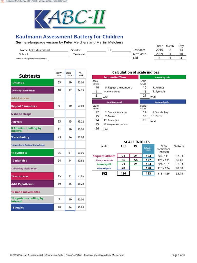 Kaufman Assessment Battery For Children - De.en | PDF