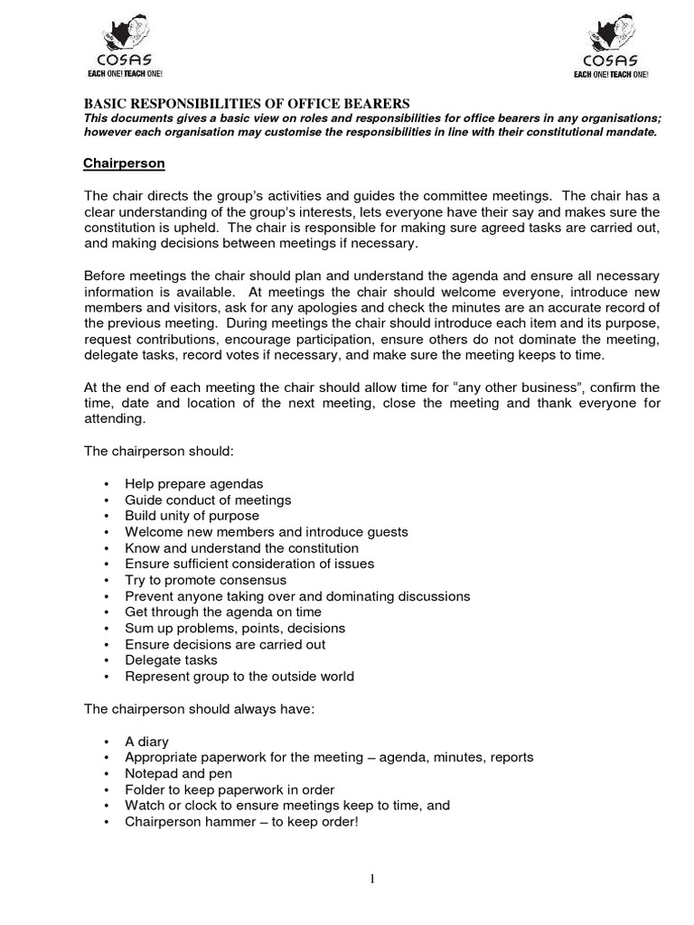 Basic Responsibilities of Office Bearers | PDF