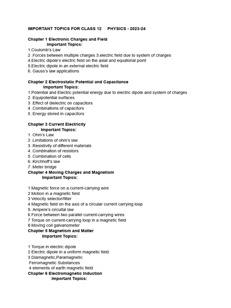 Important Topics Phy - 12 | PDF | Magnetic Field | Electricity