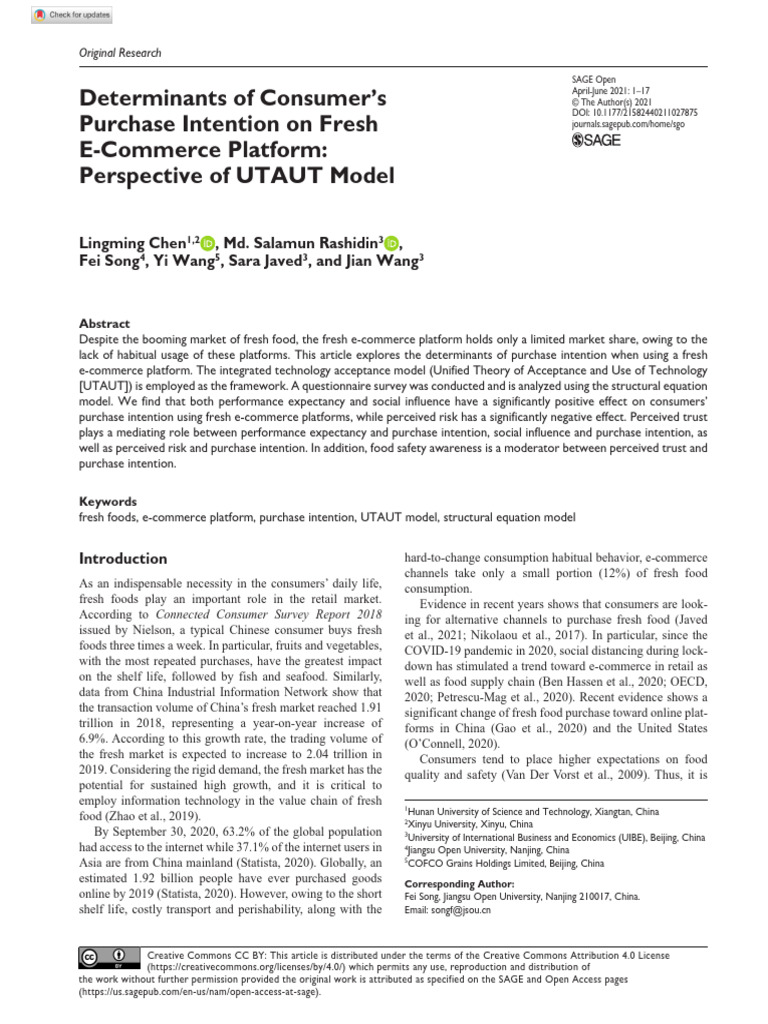 Determinants Of Consumers Purchase Intention On Fresh E Commerce