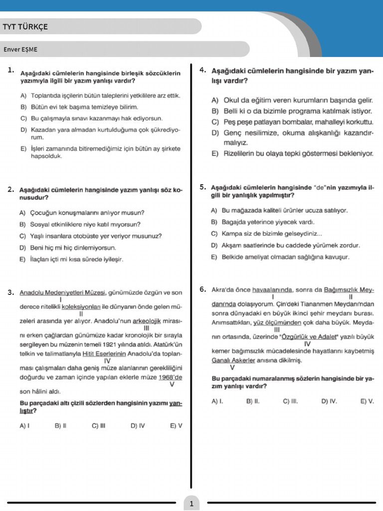 Tyt Turkce Enver Esme Yazim Kurallari Ve Cevap Anahtari | PDF