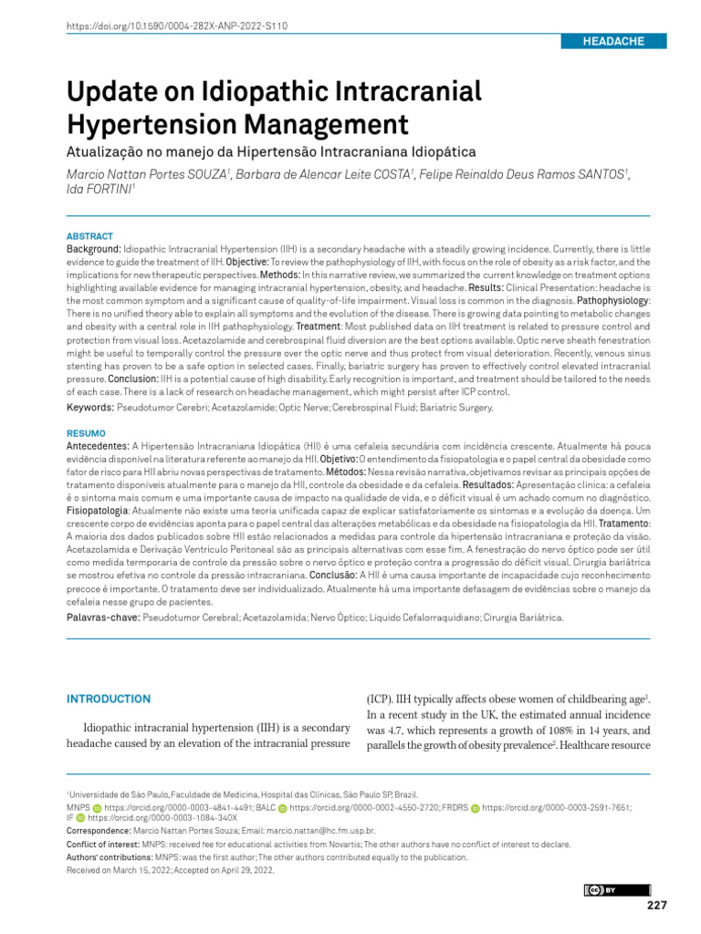Update On Idiopathic Intracranial Hypertension Management. Souza 2022 ...
