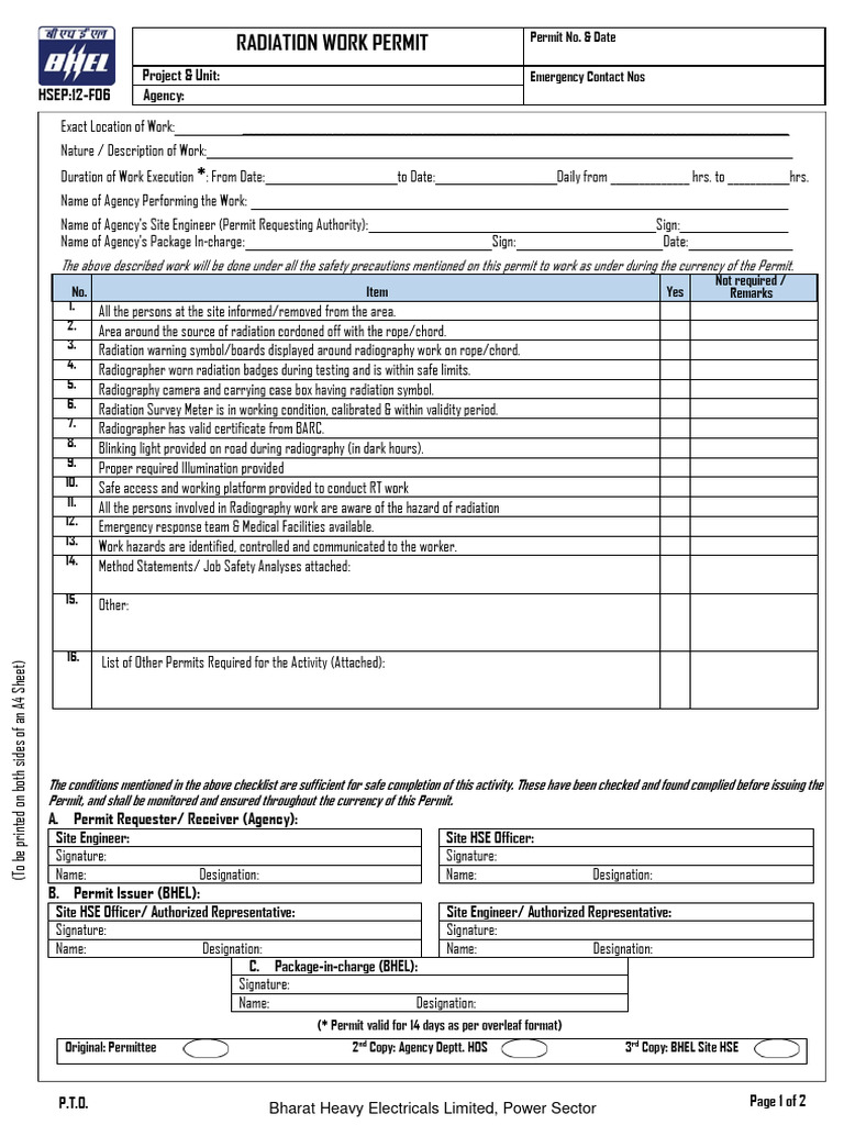 HSEP12F06 - Radiation Work Permit | PDF